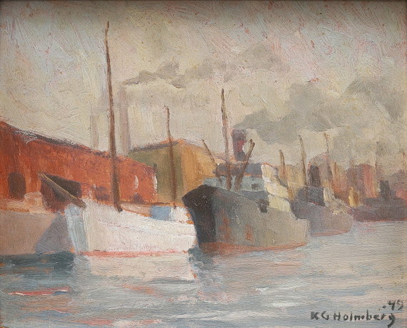 KARL GUSTAV HOLMBERG. Hamnmotiv, olja på pannå, signerad KG Holmberg ...