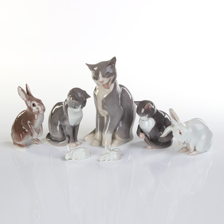 BING & GRÖNDAHL, SEVEN FIGURINES Porcelain. cats and rabbits. Nos. 1874 ...