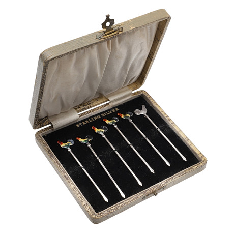 A CASED SET OF SIX SILVER & ENAMEL COCKTAIL STICKS. Silver & Metals ...