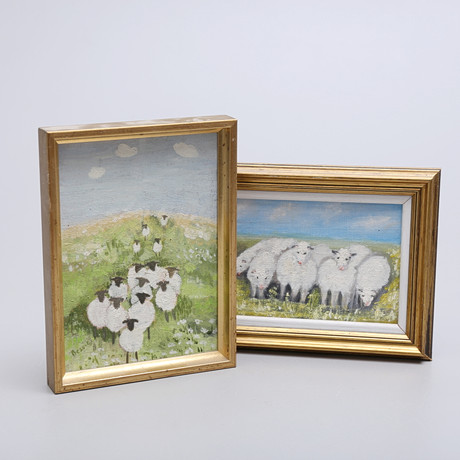 Two oil paintings with sheep motif, Bessie Johansson/Gunnar Conradsson ...