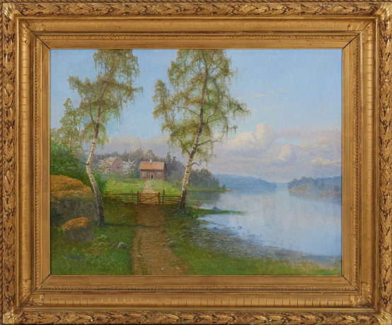 JOHAN (JOHN) KINDBORG (1861-1907). Liten gård vid sjö, olja på duk ...