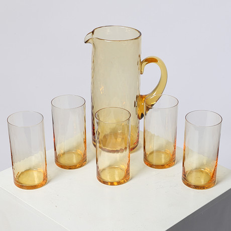 A 1930'S WHITEFRIARS STYLE AMBER GLASS LEMONADE SET (6). Glass - Art ...