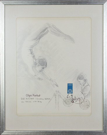 CARL JULIUS. Teckning, "Olga Korbut", OS München 1972, signerad. Konst ...