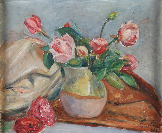 FRANS BERG. Oljemålning på duk. Stilleben med rosor i vas. Signerad och ...