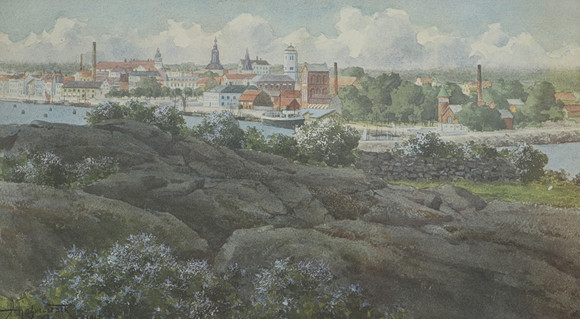HJALMAR FALK. Offsettryck, efter, "Karlshamn 1917", signerad i tryck ...