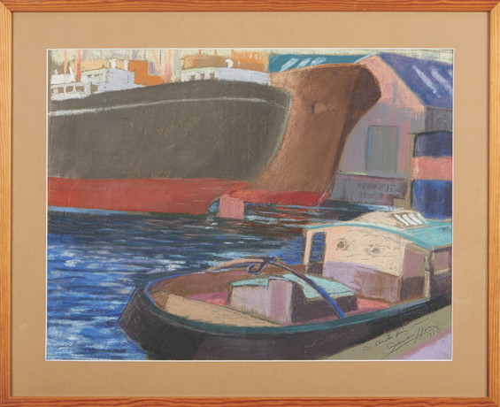 AXEL OLSSON. Motiv med båtar i hamn, pastell, signerad och daterad 1950 ...