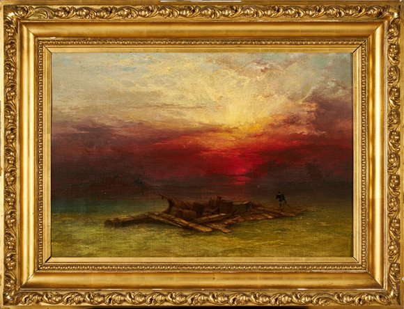 ENGLISH SCHOOL (second half of the 19th century). Raft in sunset ...