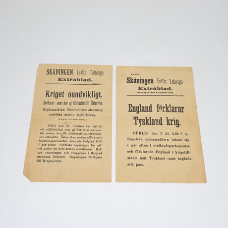FLYGBLAD, 2 st, "Skåningen Eslöfs Tidnings Extrablad", 1914. Böcker ...