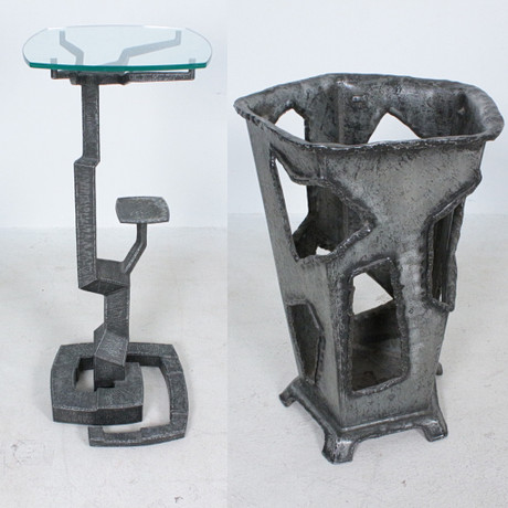 Brutalist column with glass top and umbrella stand, unique, 1980s. (2 ...