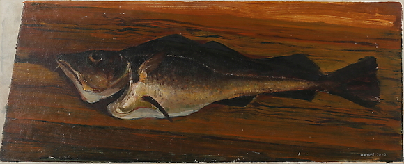 SVEN ERIK HELLQUIST. Oil on Board, still life with cod, signed SE ...
