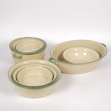 BALJA, FAT, GRYTA. Cremefärgad emaljerad plåt "Kockums" 12 delar, 1900 ...