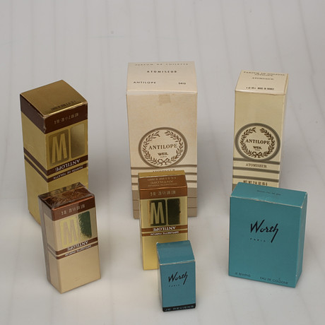 VARIOUS PERFUME BOTTLES IN ORIGINAL CARTONS, Antelope Weil, Worth Paris ...