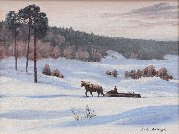 ARVID ANDERSSON. olja på duk, Bonde med häst i vinterlandskap, signerad. Konst - Måleri - Auctionet