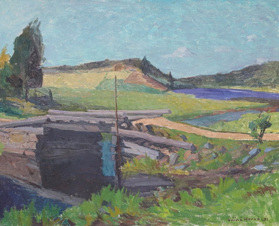 VÄINÖ HERVO. Landscape with bridge, oil on canvas, signed and dated -51 ...
