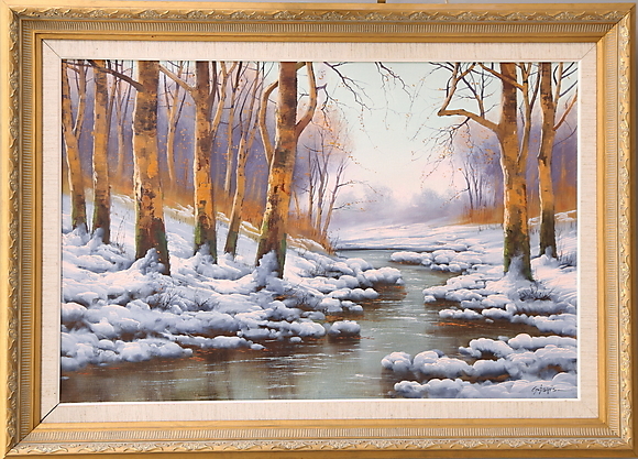 OIDENTIFIERAD KONSTNÄR. Oil on canvas, watercourse in winter clothing ...