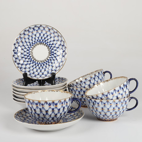 Tea cups and saucers, 13 pieces, “Cobalt net”, porcelain, Lomonosov ...