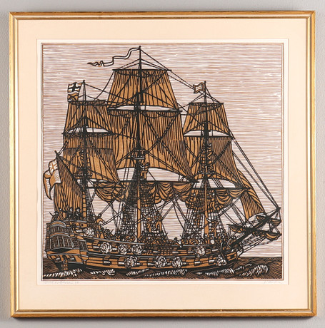 SVENOLOV EHRÉN. Färglitografi, signerad 70, Provtryck, Segelfartyg ...