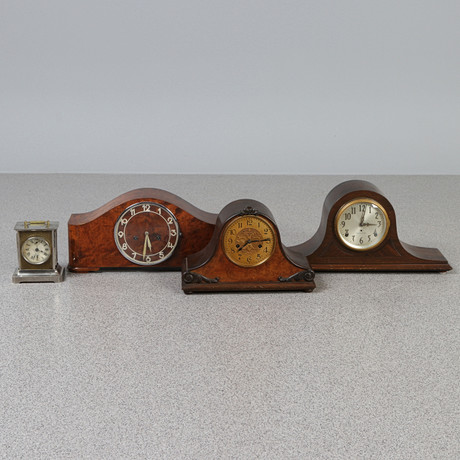 TABLE CLOCK, THREE PIECES AND ALARM CLOCK. Stained wood and chrome ...