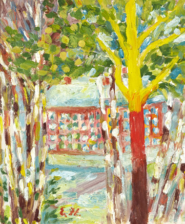 ESTER HENNING (Sverige, 1887-1985), "Bostadshus bakom trädstammar ...