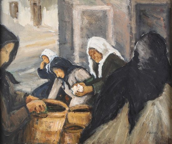 PETER JAKOBY. Oljemålning på duk. Arbetande kvinnor. Signerad. Konst ...