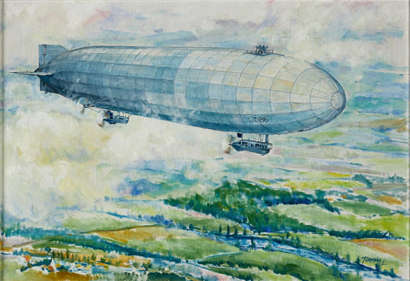 TORSTEIN LANDSTRÖM F. 1941. Zeppelinare (LZ 86), olja på duk, signerad ...