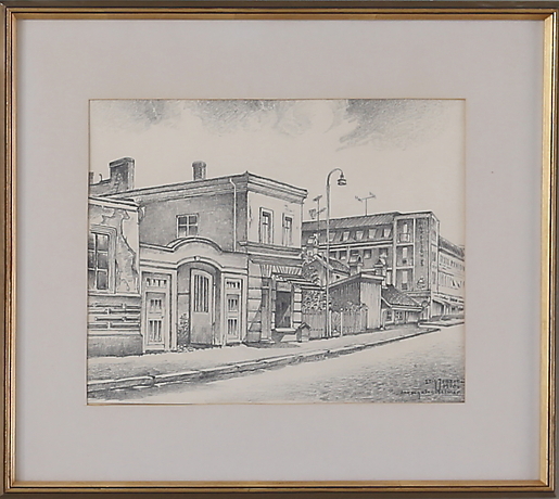 STIG JONZON. "Larmgatan, Kalmar", drawing, signed and dated 1970. Art ...