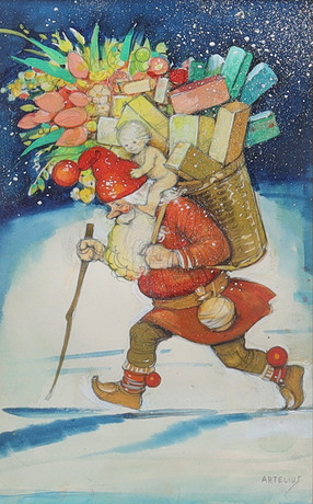 HELGE ARTELIUS, Tomte med klappar, akvarell, signerad Artelius. Konst ...
