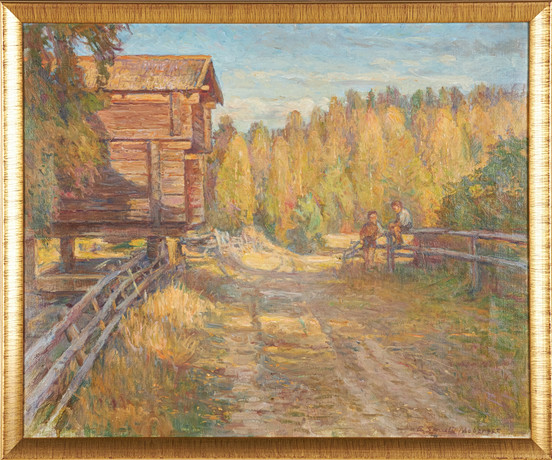 ELSA SCHULTZ MOBERGER, Sensommar vid timmerstuga, olja på duk, signerad ...