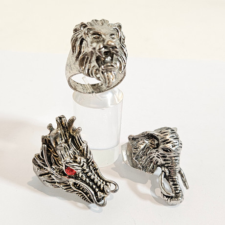 3 LARGE ANIMAL RINGS LION ELEPHANT AND DRAGON IN SILVER METAL. BRAND ...