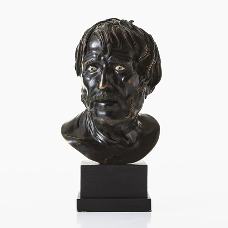 BUST, “Pseudo-Seneca”, dark patinated bronze, painted eyes, wooden ...