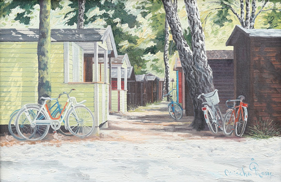 MISCHA ROSIC (FÖDD 1952). "Badhyttor", olja på duk, signerad. Konst - Måleri - Auctionet