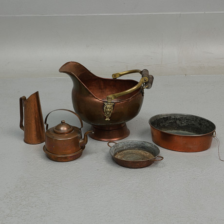 A set of five copper objects, including charcoal collectors, 20th ...