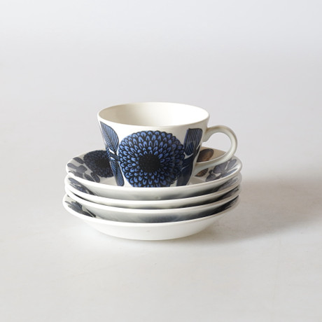 STIG LINDBERG. coffee cup with saucer, 1+4 pcs, bone china, “Blå Aster ...
