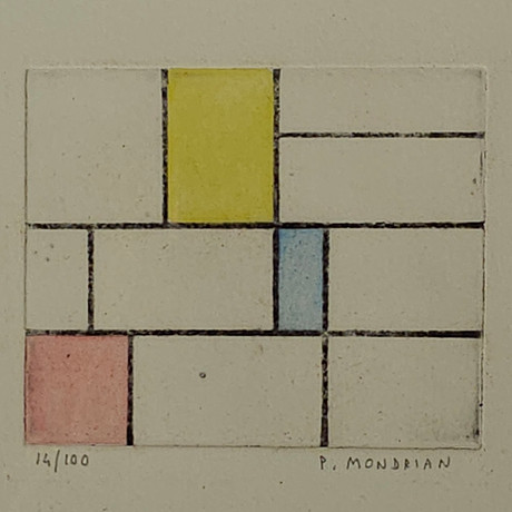 PIET MONDRIAN (1872-1944). NIMETÖN. SIGNEERATTU JA NUMEROITU KAIVERRUS LYIJYKYNÄLLÄ 14/100 ...