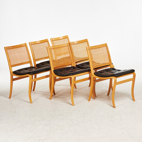 BRUNO MATHSSON. 6 st, stol, "Kerstin", stolar, formpressad bok, flätad ...