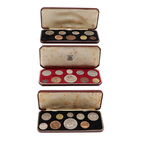 THREE MID 20TH CENTURY SPECIMEN COIN SETS, 1950, 1951 AND 1953. Coins ...