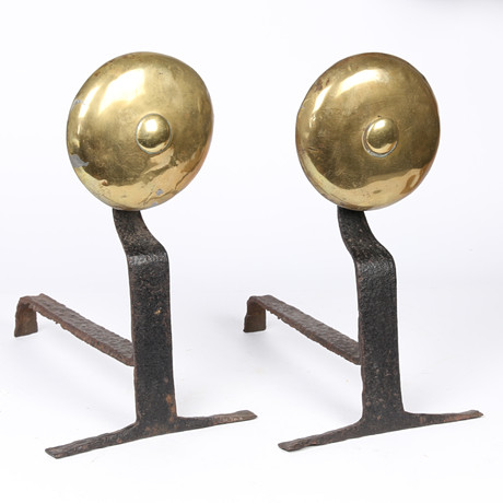 A RARE PAIR OF CHARLES II BRASS AND IRON ANDIRONS/FIRE DOGS, CIRCA 1680 ...