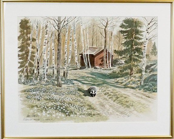 LARS HOLM (f. 1956), akvarell, "Grävling möte i hagen", signerad samt ...