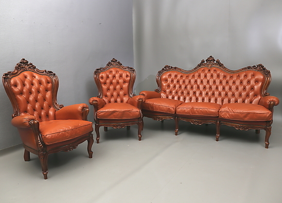 GRUPO SALON tapizado en piel, 3 piezas, estilo rococó, años 50. Muebles ...
