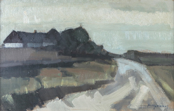 BENGT HILLGRUND. Oljemålning på pannå. Gård i landskap, signerad. Konst ...