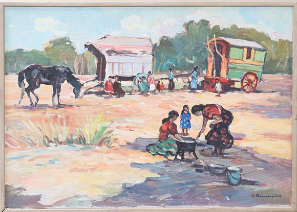 OLOF BENANDER. Figurscen med häst och vagnar, olja på duk, signerad ...