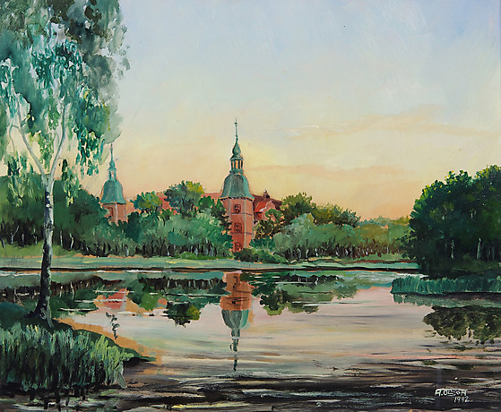 OIDENTIFIERAD KONSTNÄR. AXEL OLSON. Karsholms slott, olja på pannå ...