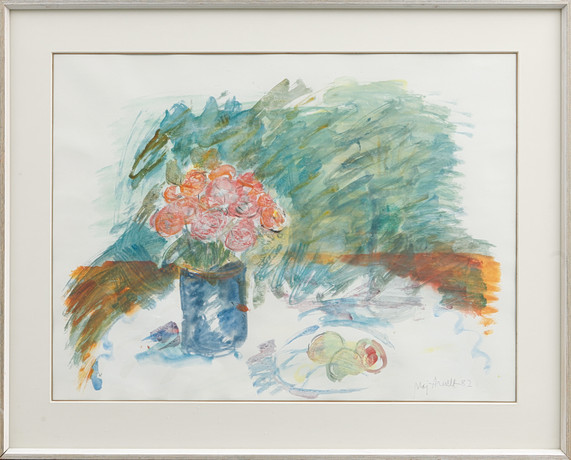 MAJ ARNELL. Stilleben med blommor och frukter. Akvarell, signerad och ...