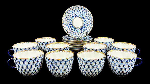 TABLEWARE PARTS, 18 pieces, “Cobalt net”, porcelain, Lomonosov, Russia ...