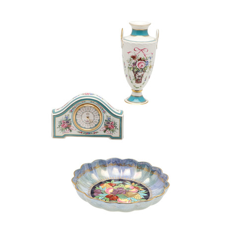 A MINTON BICENTENARY EDITION VASE AND CLOCK AND SIMILAR BOWL. Ceramics ...