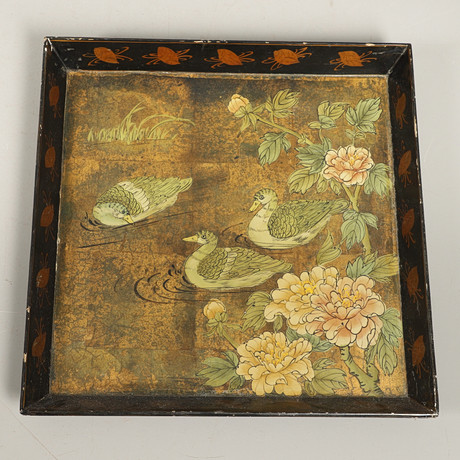 A CHINESE LACQUER WORK TRAY DECORATED WITH DUCKS IN A POND. Furniture ...