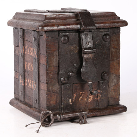 AN 18TH CENTURY OAK AND IRON-BOUND ALMS BOX, DUTCH, DATED 1795. Folk ...