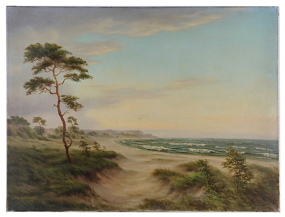 SIGNIERT ALB. HENNIG. Coastal strip with pine trees with a light surf ...