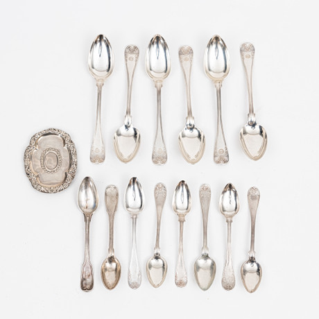 A set of 14 spoons and a silver needle dish, including model “Gammel ...