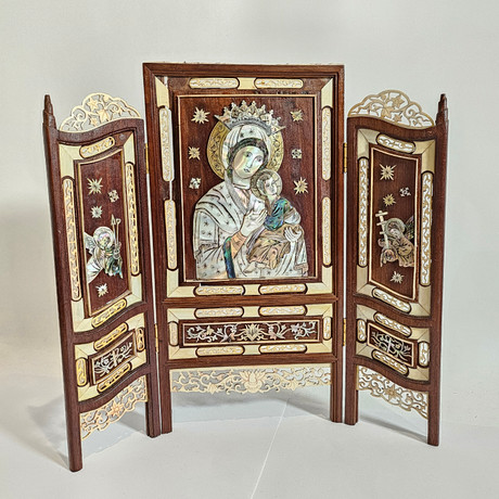 RELIGIOUS TRIPTYCH WITH THE IMAGE OF THE VIRGIN IN MOTHER OF PEARL, BONE AND WOOD. Art - Other ...